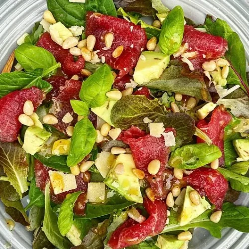 Carpaccio with avocado, parmesan, and pine nuts - GastroFun.net